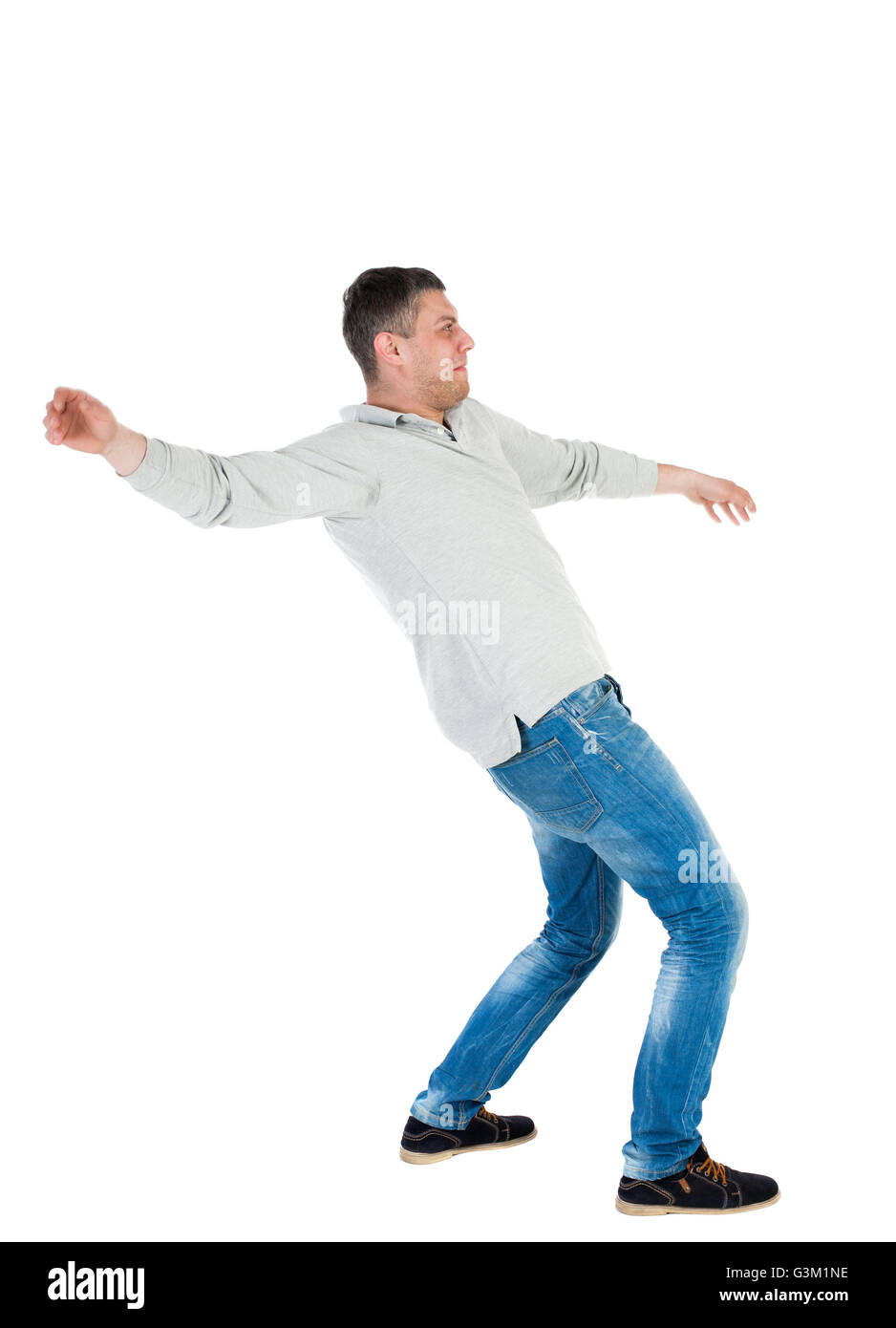 Back view man Balances waving his arms. Rear view people collection ...
