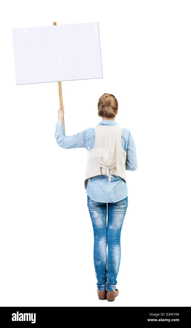 Back view woman showing sign board. girl holds information plate. Rear ...