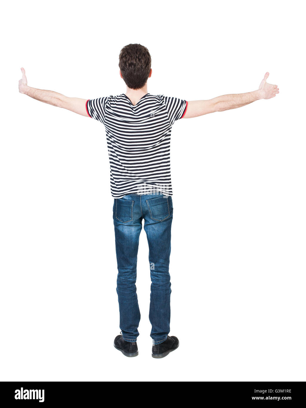 Back view of man in shirt shows thumbs up. Rear view people collection ...