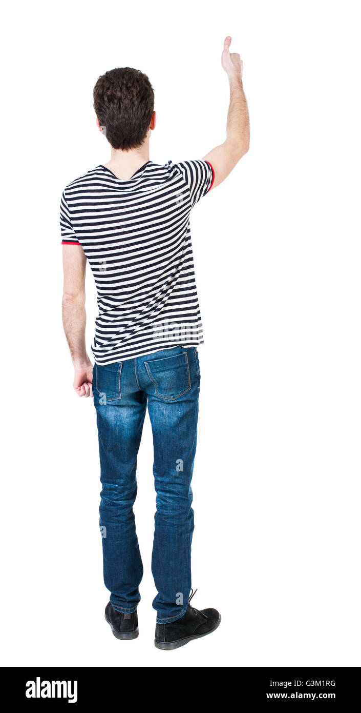 Back view of man in shirt shows thumbs up. Rear view people collection ...