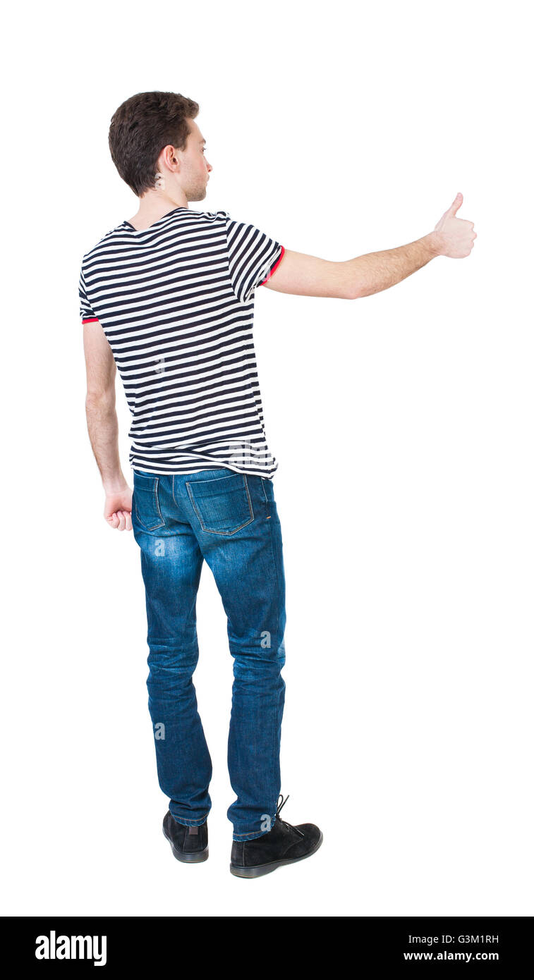 Back view of man in shirt shows thumbs up. Rear view people collection ...