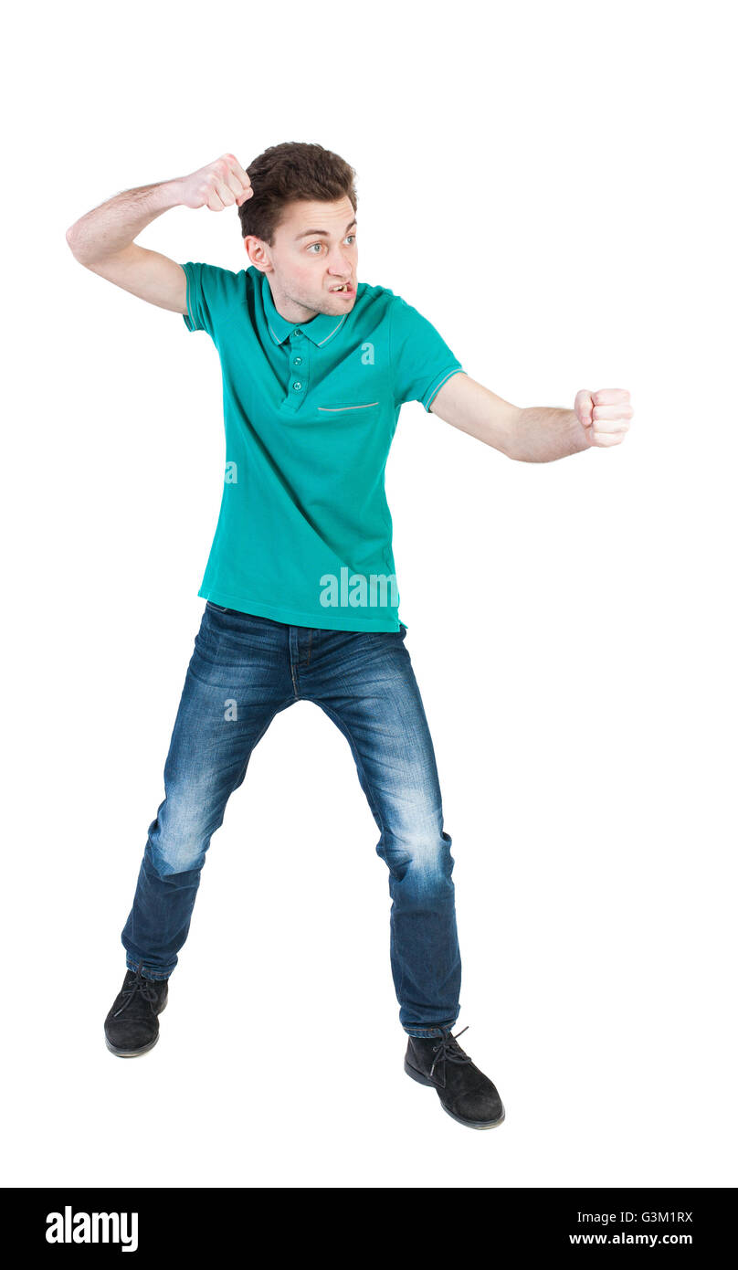back view of skinny guy funny fights waving his arms and legs. Isolated ...