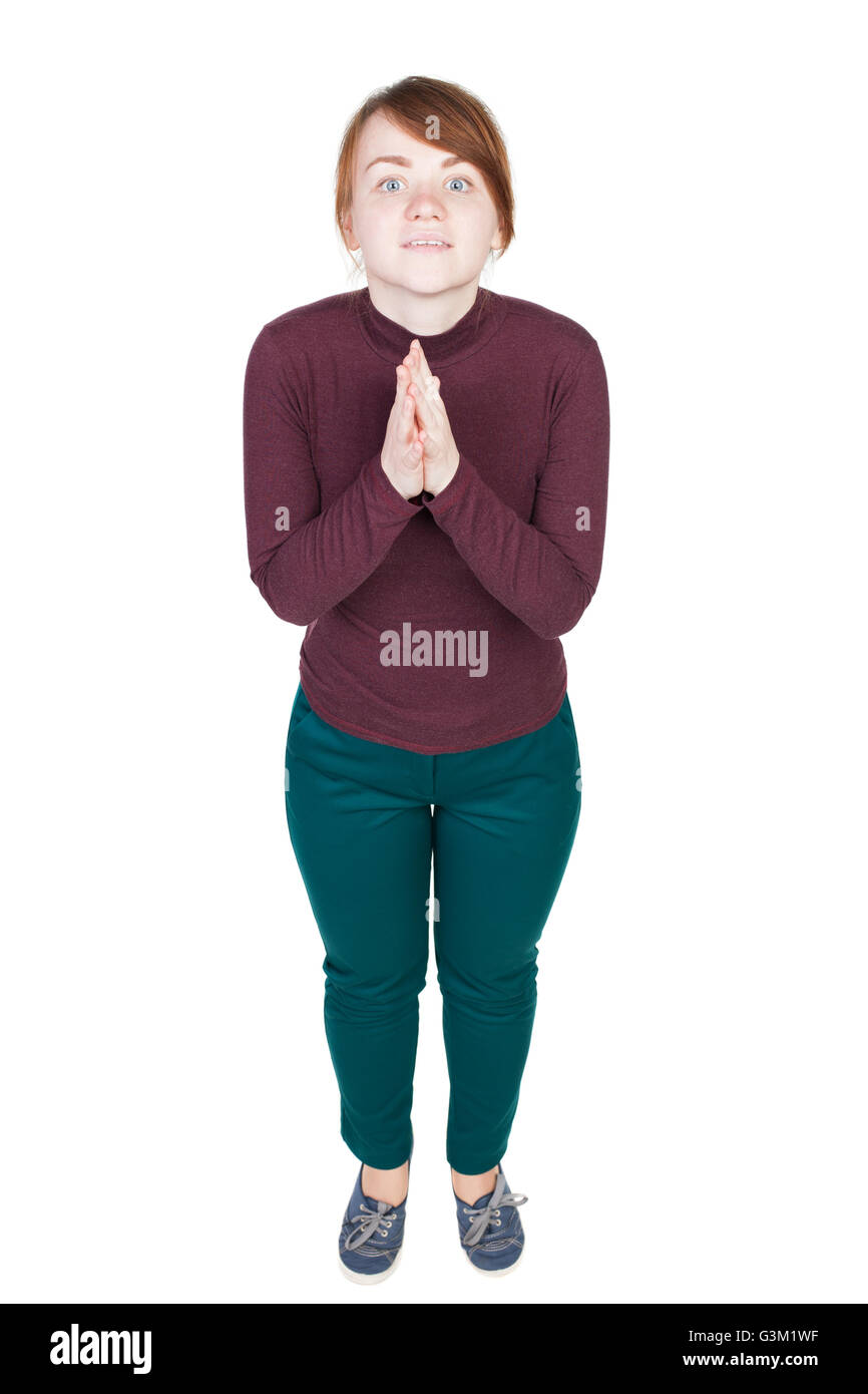 Top view of a girl praying. Isolated on white background Stock Photo ...