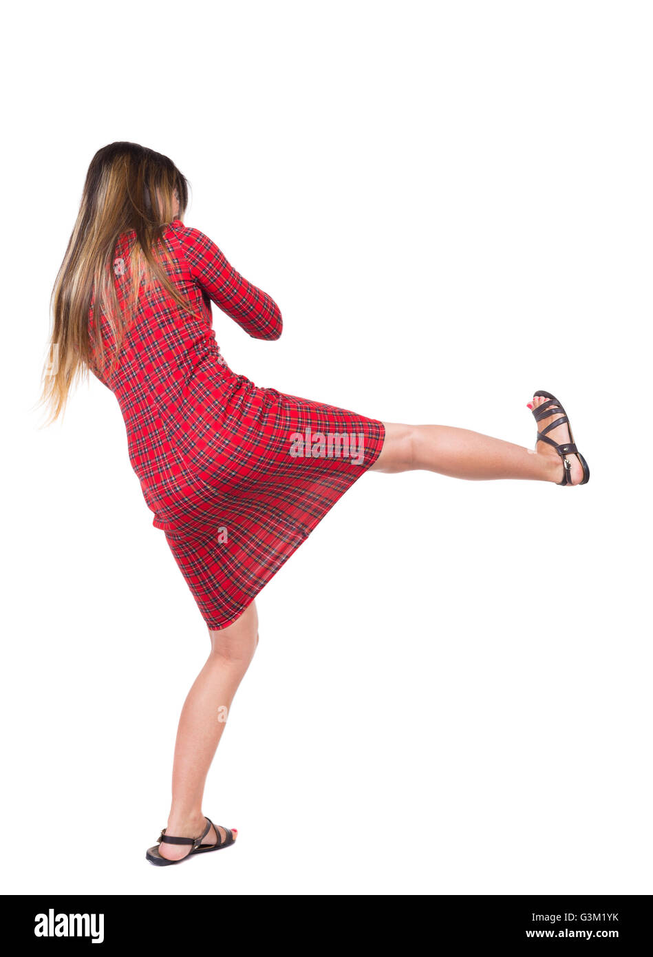 skinny woman funny fights waving his arms and legs. Isolated over white ...