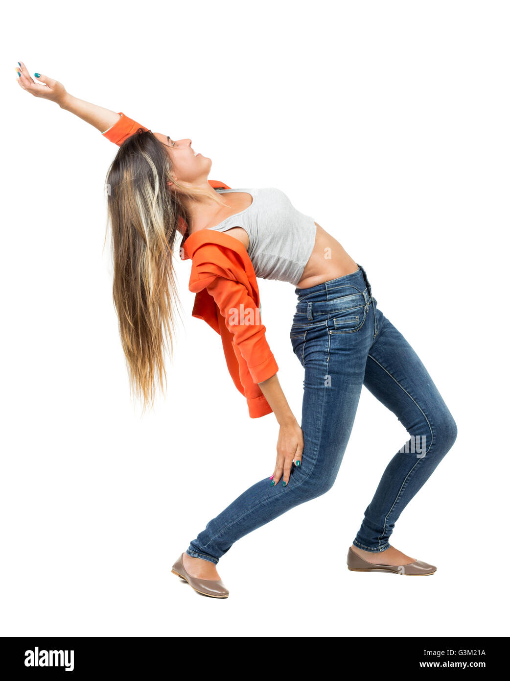 Balancing young woman. or dodge falling woman. Rear view people ...