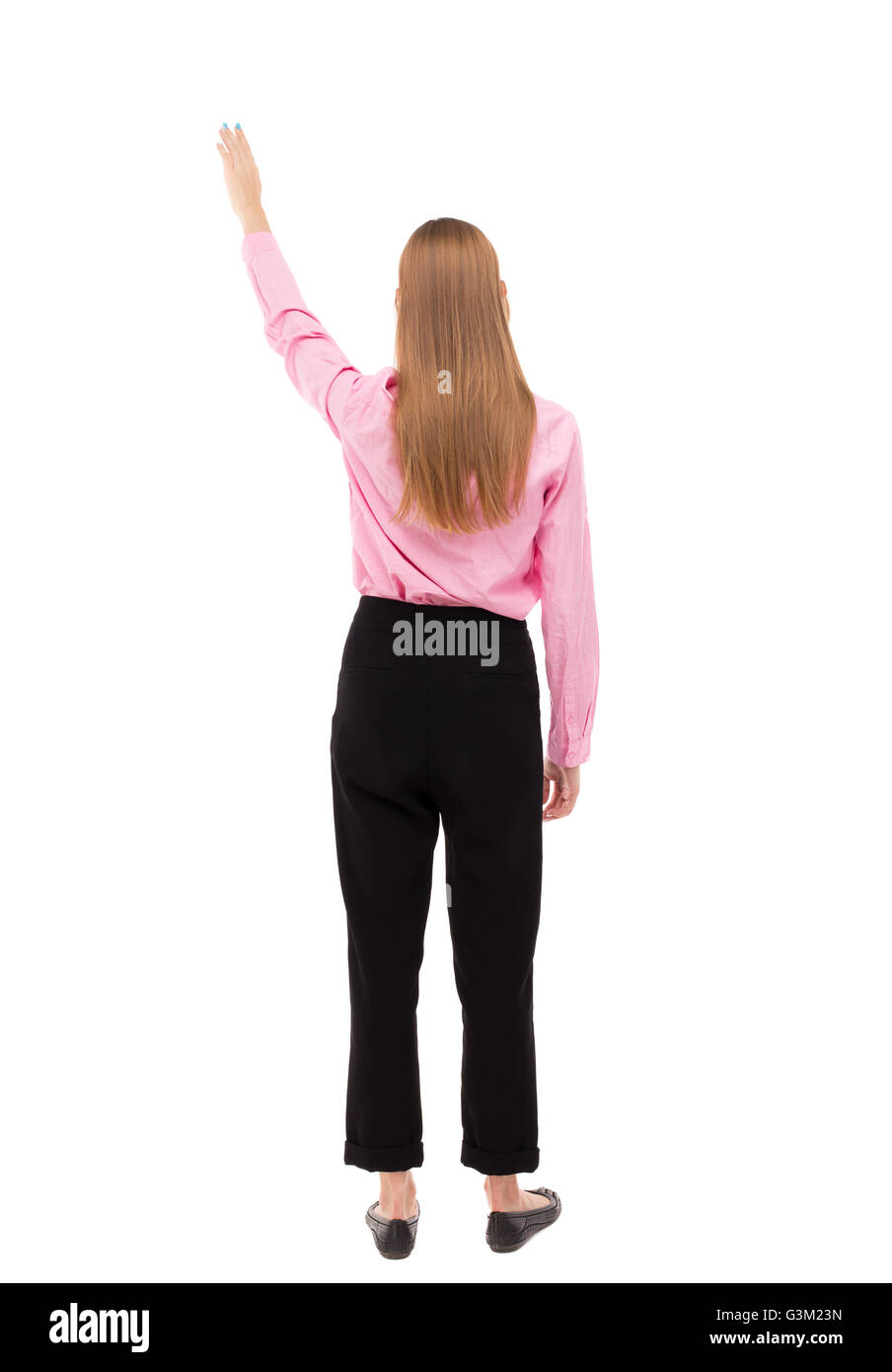 Back view of pointing woman. beautiful girl. Rear view people ...