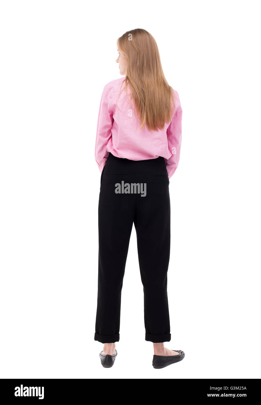 back view of standing young beautiful woman. girl watching. Rear view ...