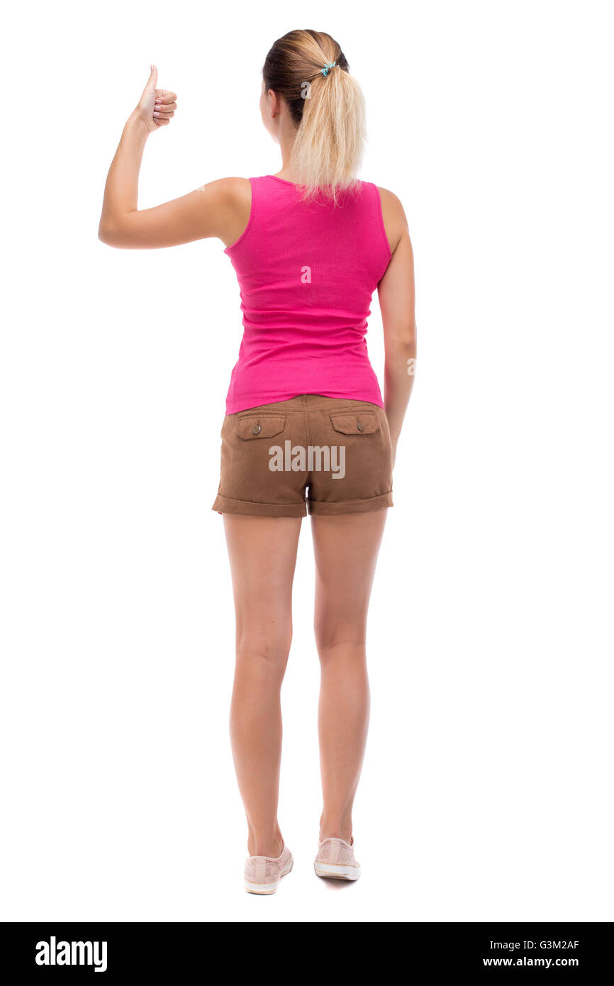 Back view of woman thumbs up. Rear view people collection. backside ...
