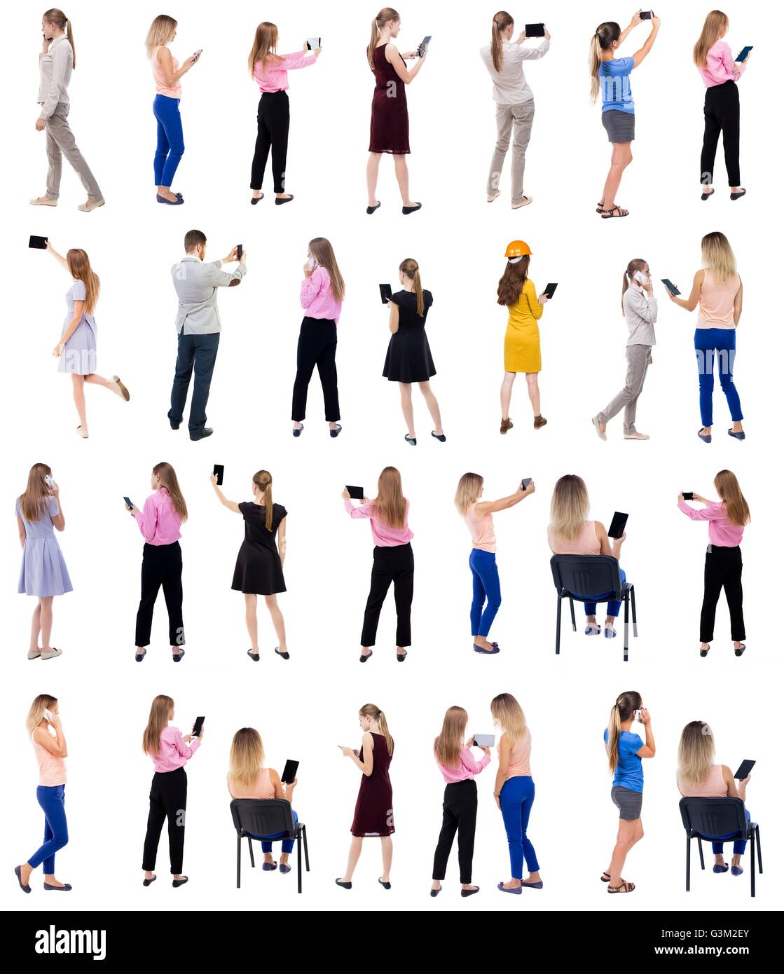 Collection " Back view people use smartphones and tablets. ". Rear view ...