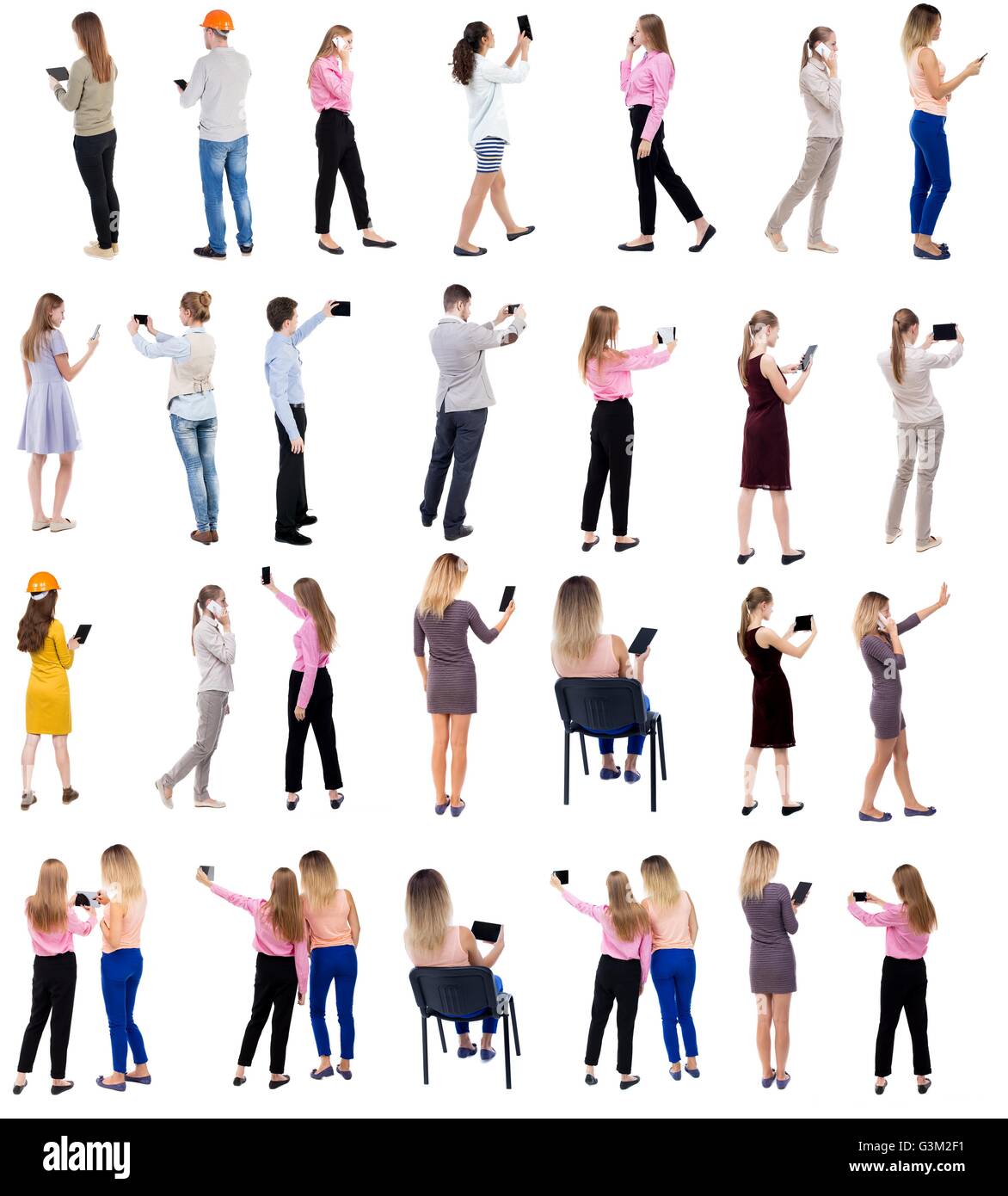 Collection " Back view people use smartphones and tablets. ". Rear view ...