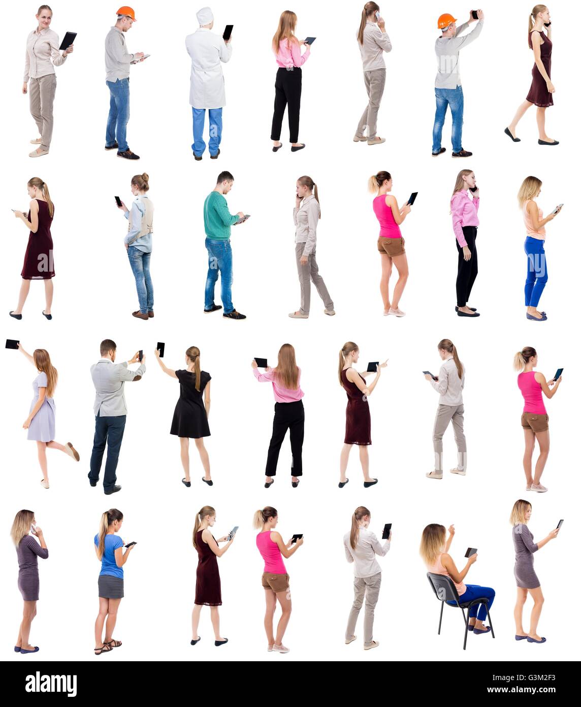 Collection " Back view people use smartphones and tablets. ". Rear view ...