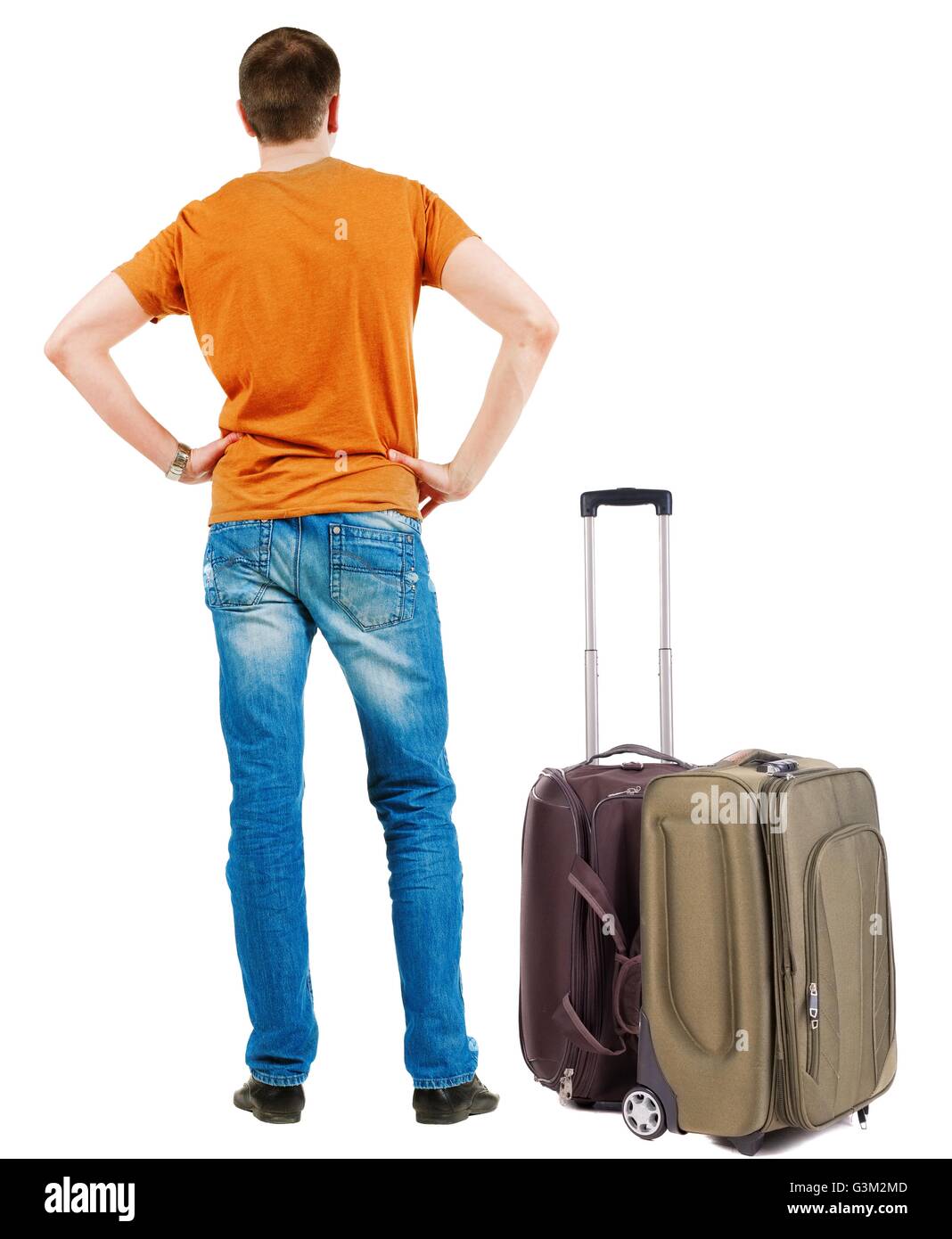 Back view of traveling man with suitcase looking up. Rear view people ...