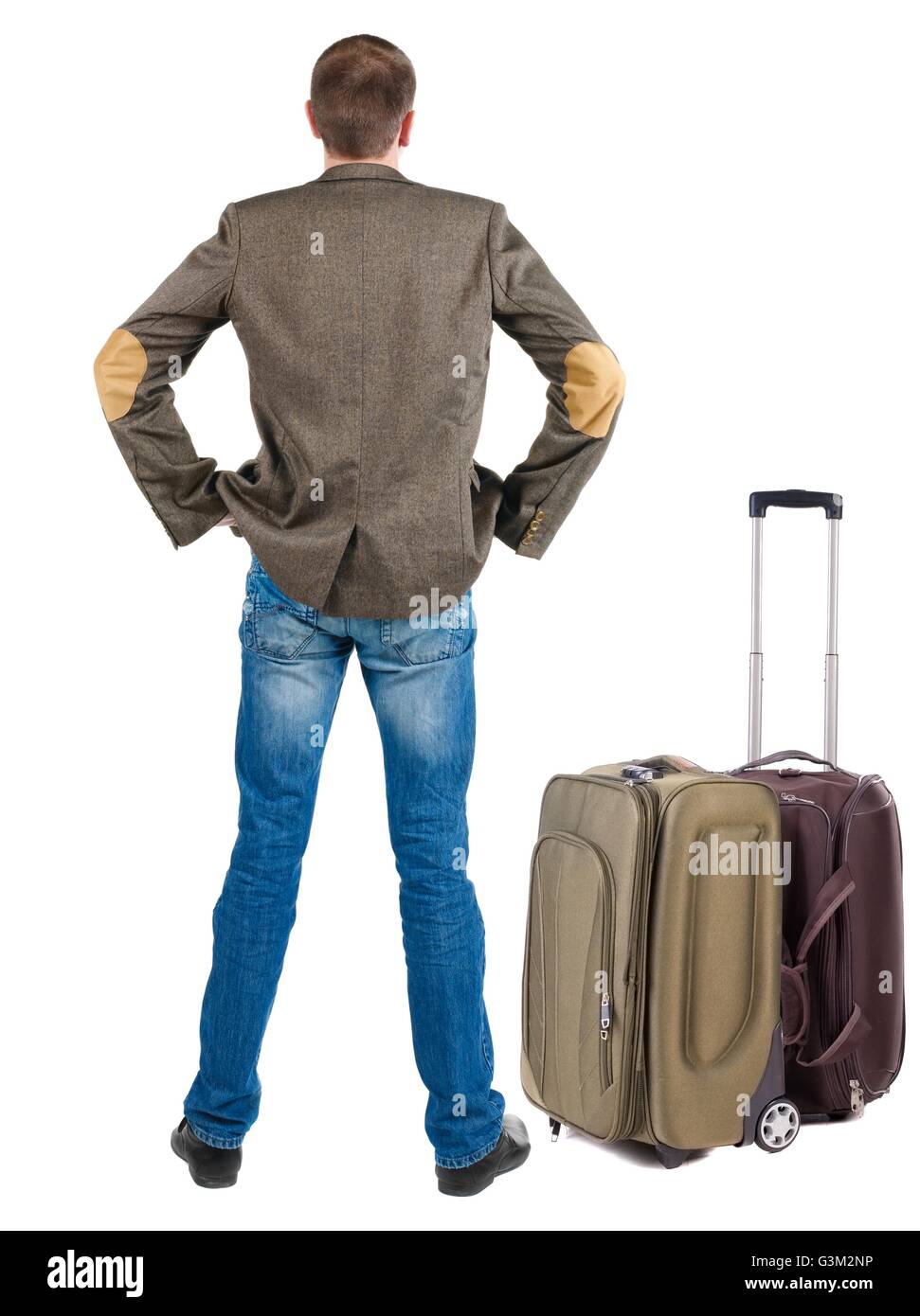 Back view of traveling busness man with suitcase looking up. Standing ...