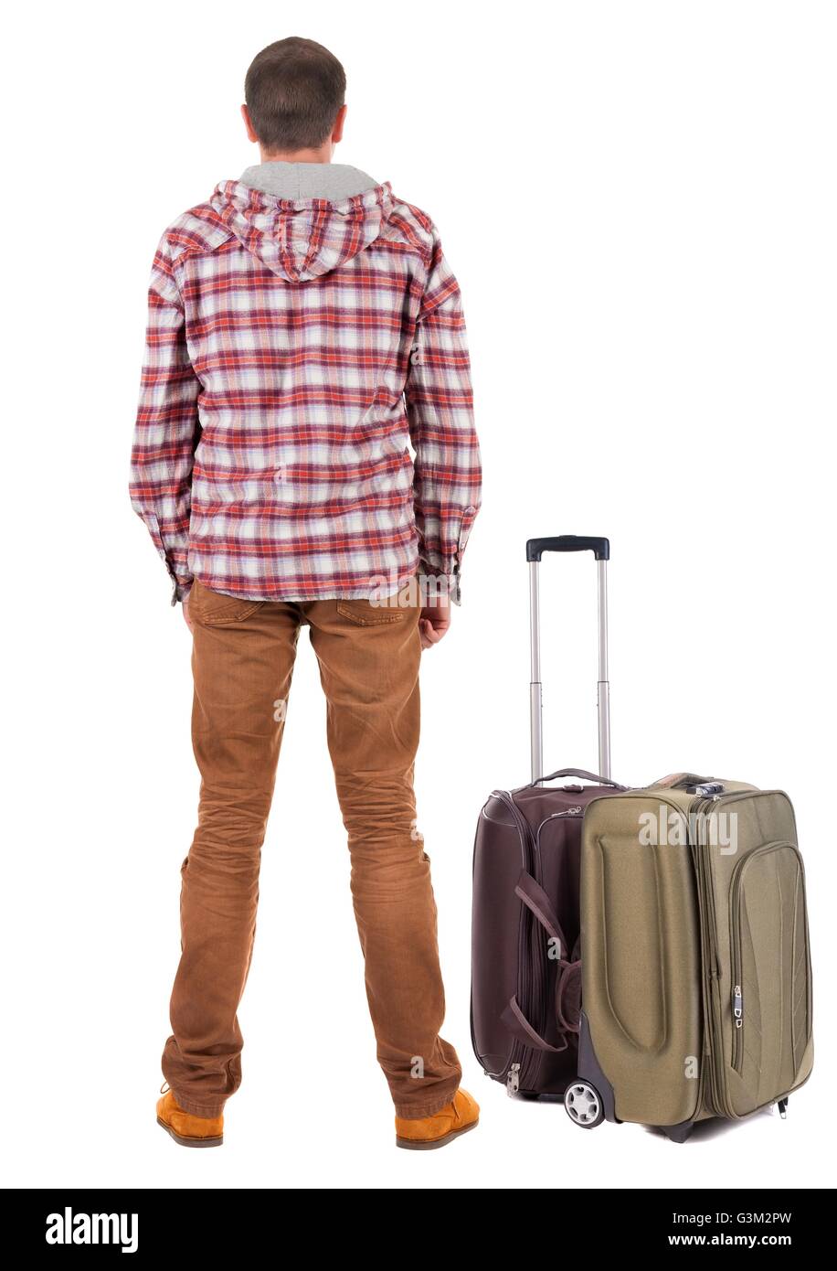 Back view of traveling man with suitcase looking up. Rear view people ...