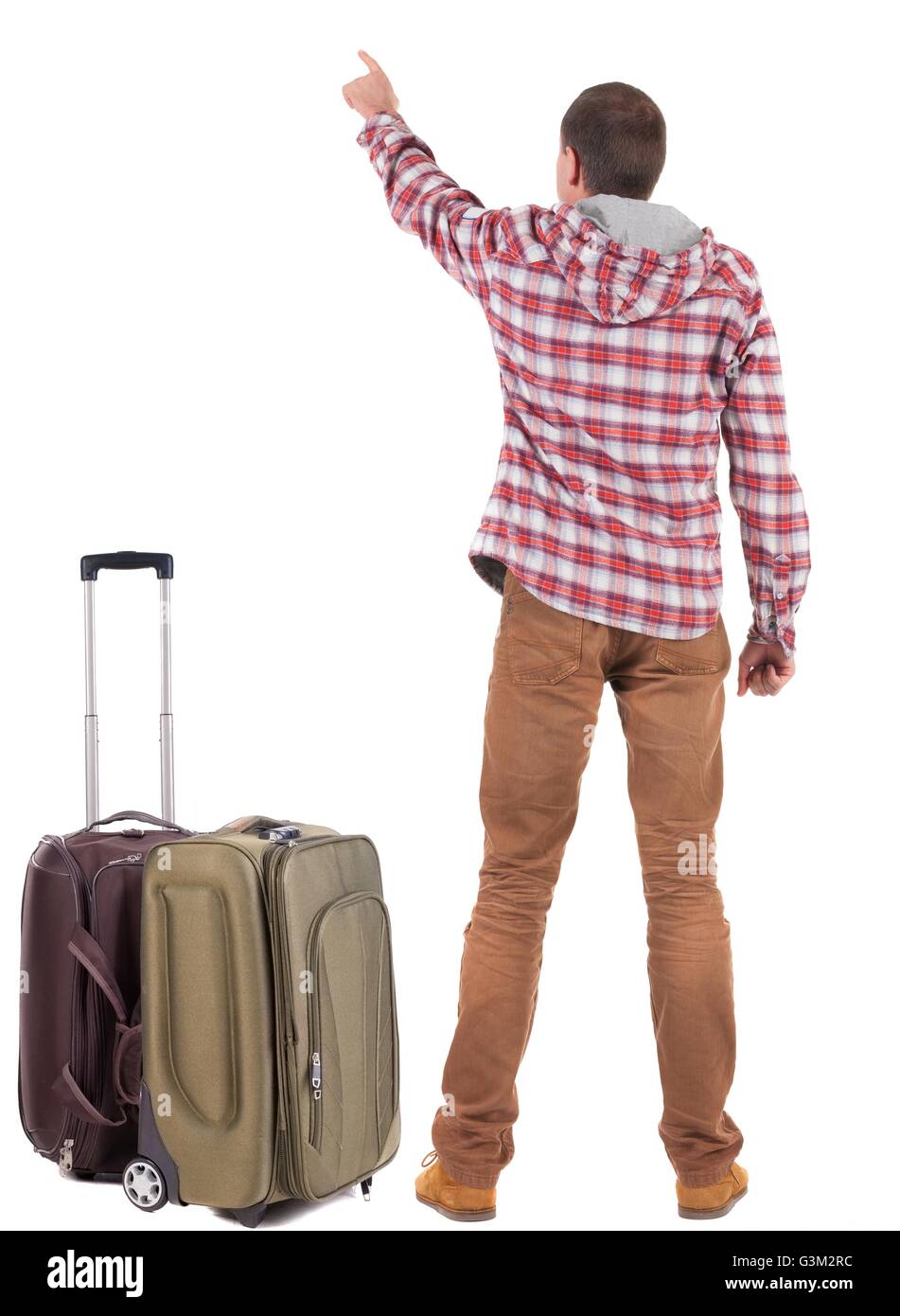 Back view of traveling man with suitcase pointing. Rear view people ...