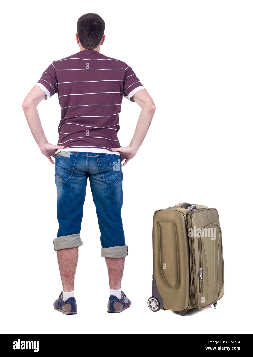 Back view of traveling man with suitcase looking up. Rear view people ...