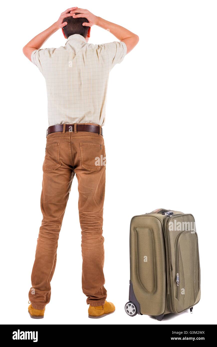 Back view of shocked business man with suitcase looking up. Rear view ...