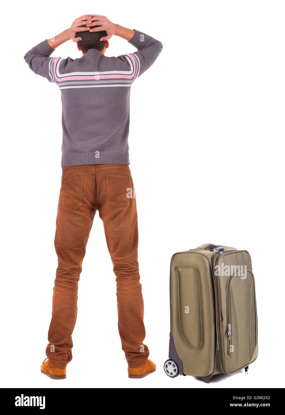 Back view of shocked business man with suitcase looking up. Rear view ...