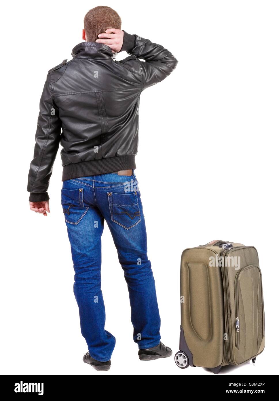Back view of traveling man with suitcase looking up. Rear view people ...