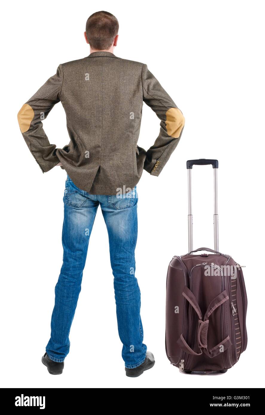 Back view of traveling man with suitcase looking up. Rear view people ...