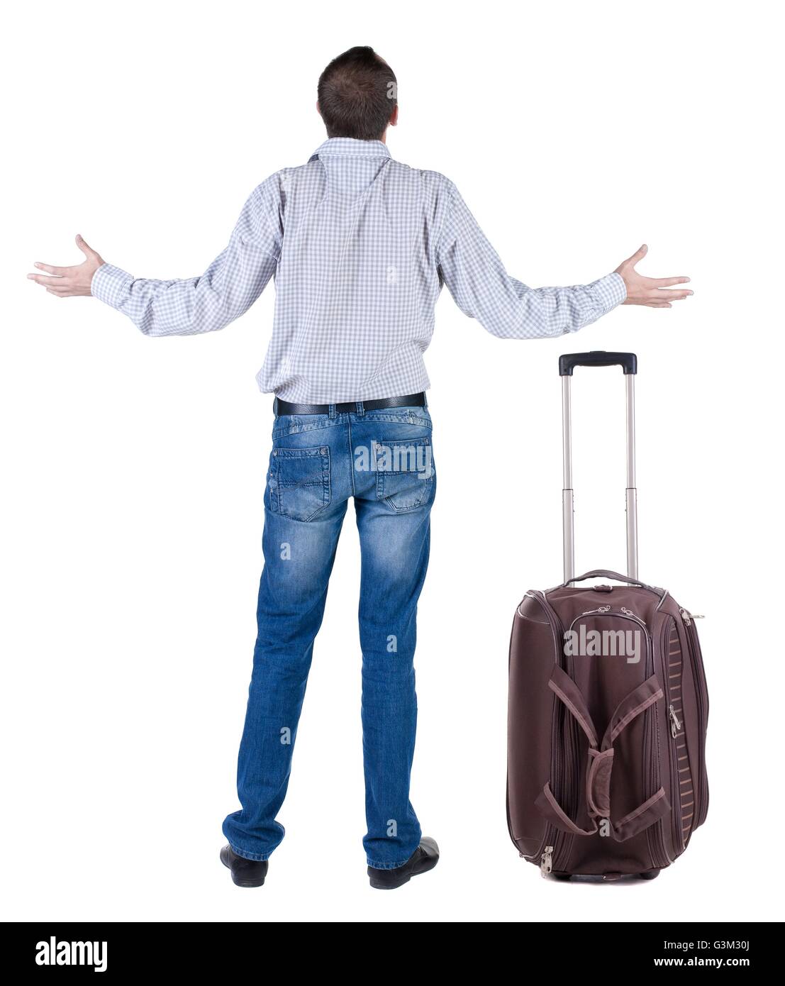 Back view of shocked business man with suitcase looking up. Rear view ...