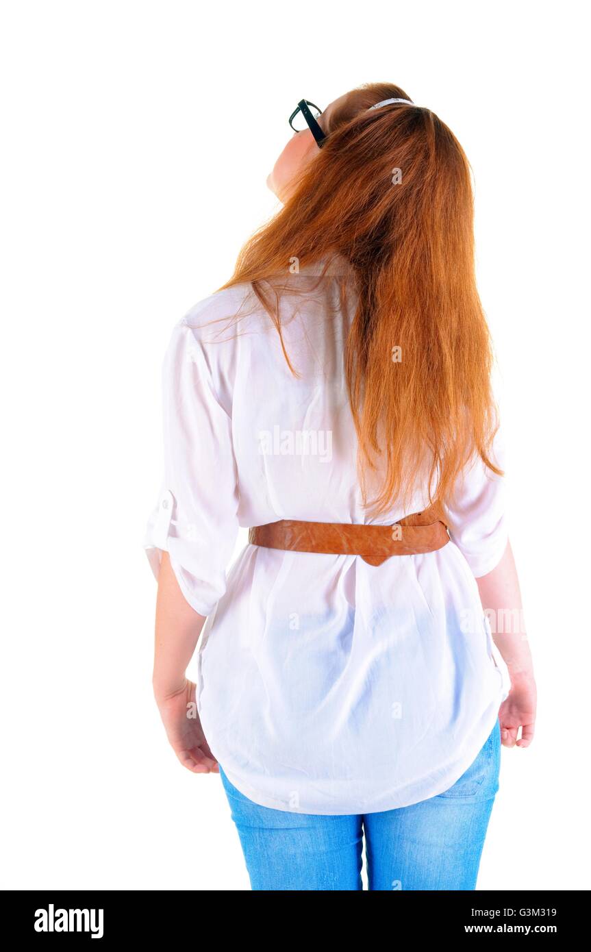 back view of standing redhaired woman . Rear view people collection ...