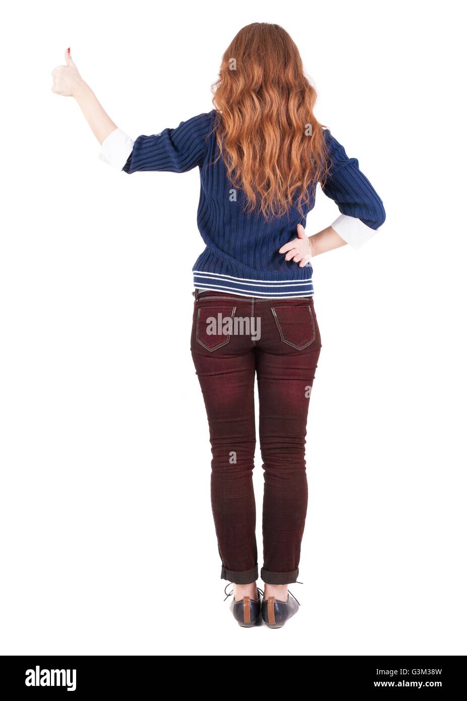 Back view of woman thumbs up. Rear view people collection. backside ...
