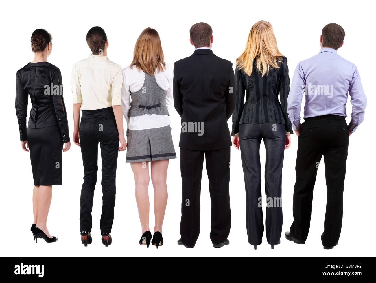 Back view of business team looks at wall. Teamwork business people ...