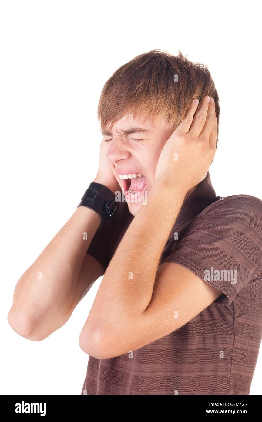 Young man screaming. Isolated on white Stock Photo - Alamy