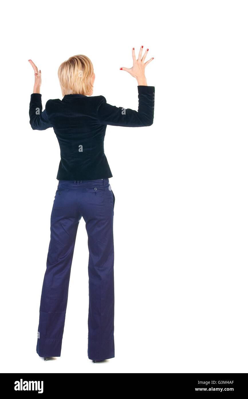Shocked blonde businesswoman. Rear view . Isolated over white Stock ...