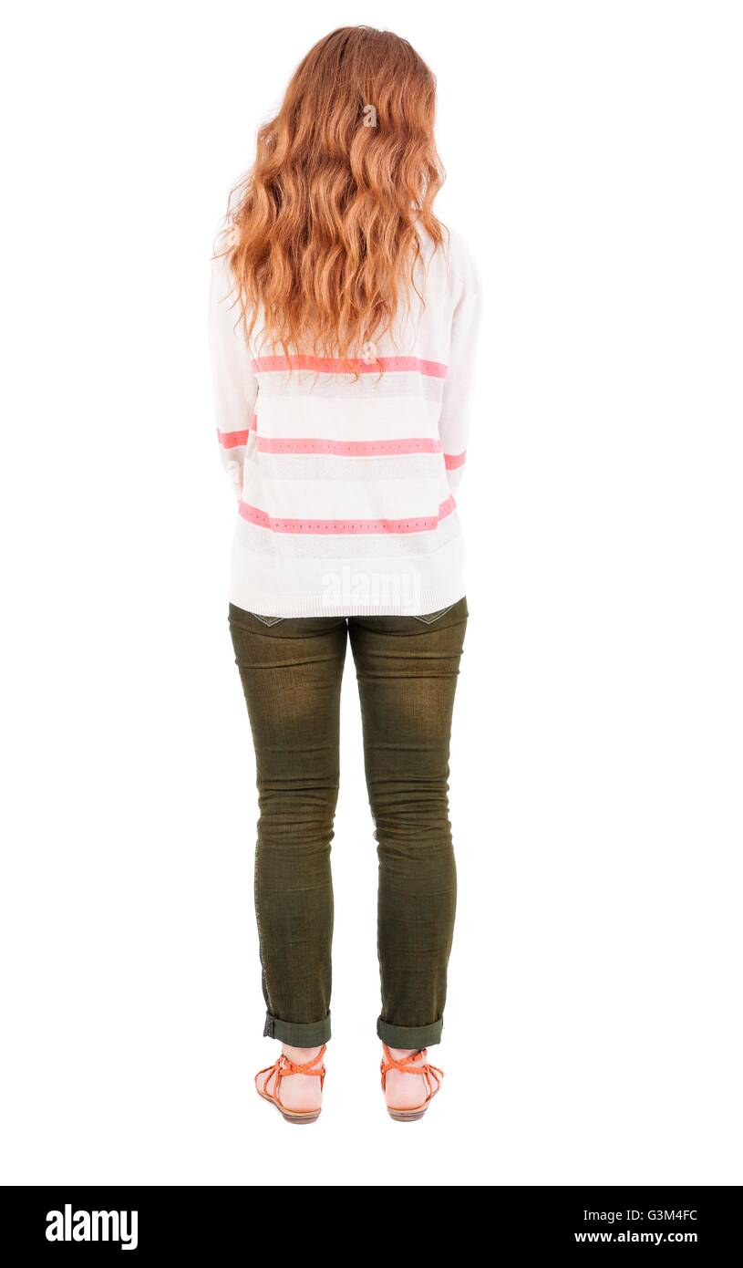 back view of standing young beautiful woman. girl watching. Rear view ...