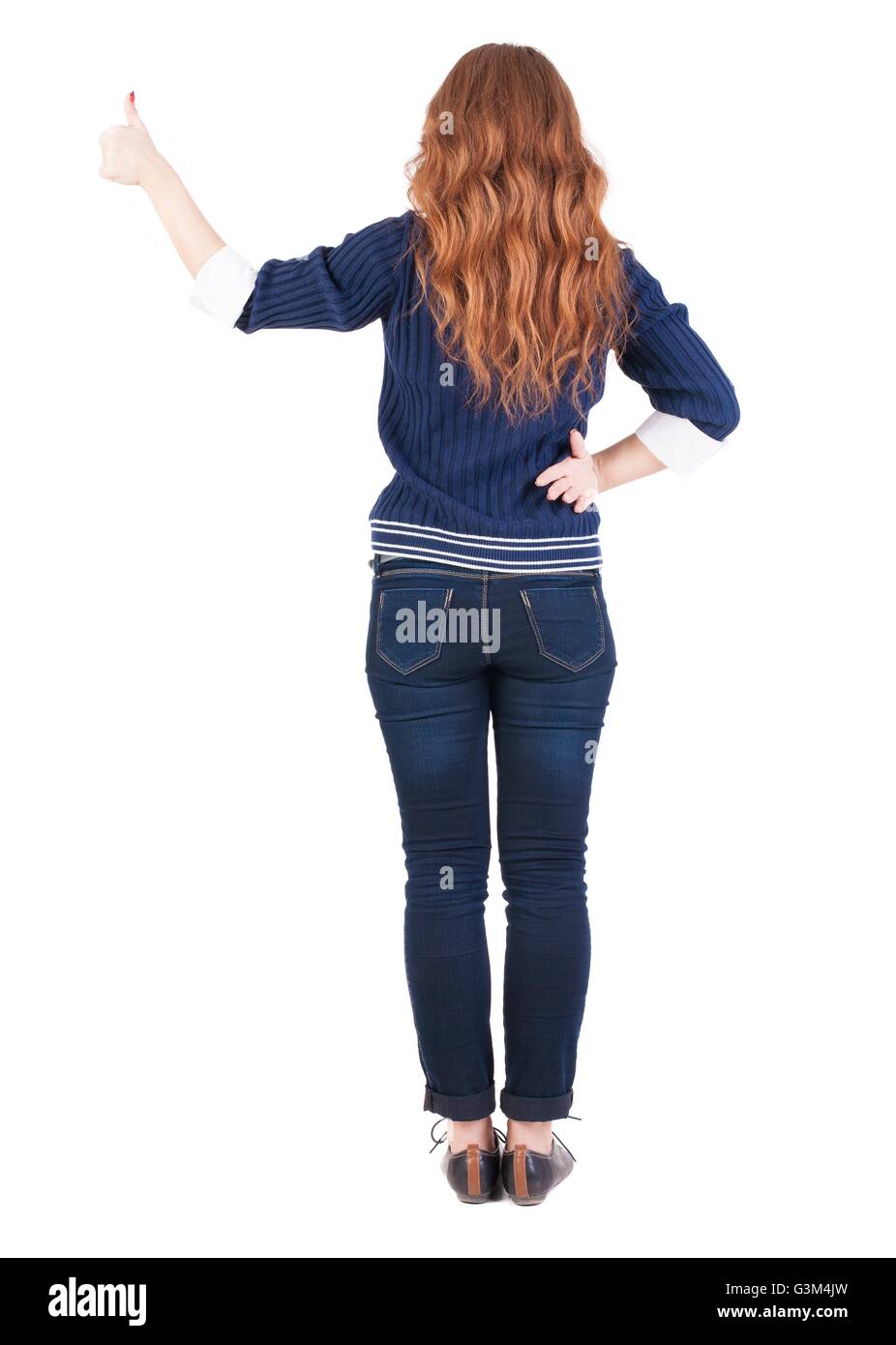 Back view of woman thumbs up. Rear view people collection. backside ...
