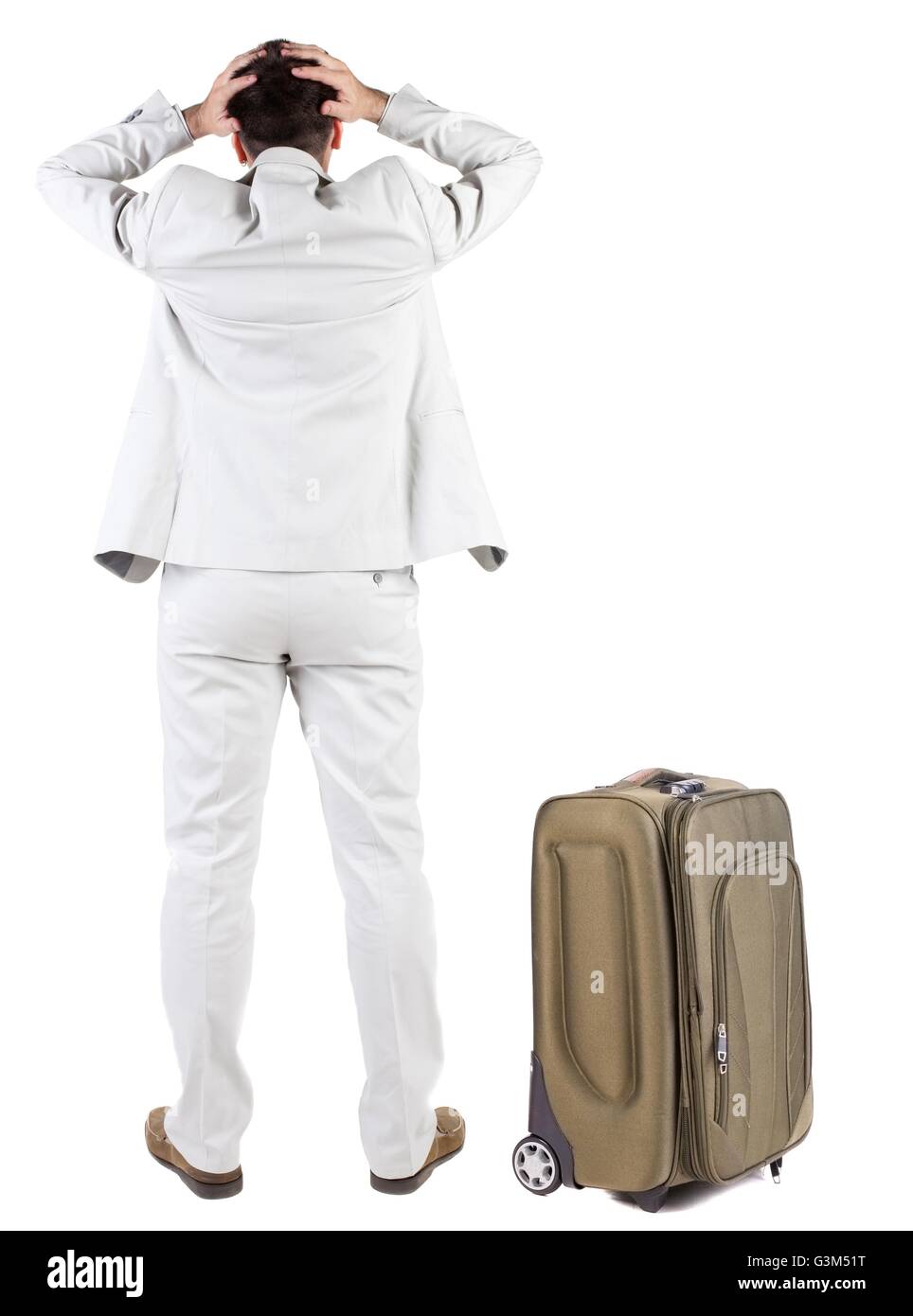 Back view of shocked business man with suitcase looking up. Rear view ...