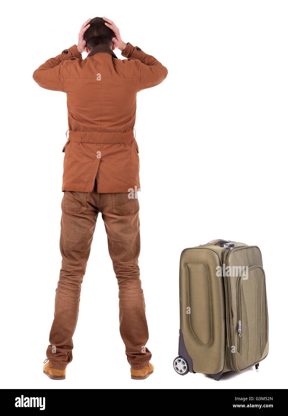 Back view of shocked business man with suitcase looking up. Rear view ...