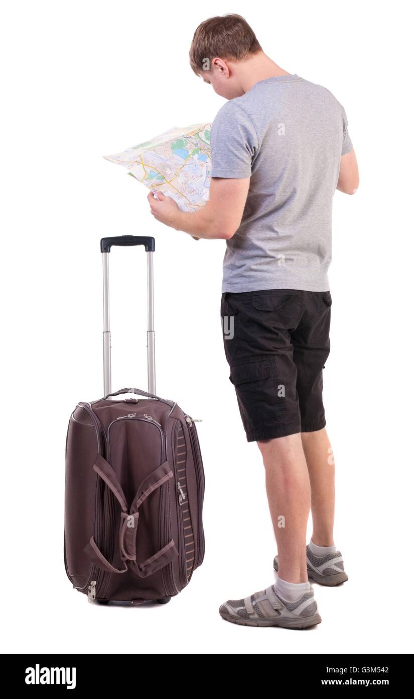 Back view of journey young man looking at the map. Rear view people ...