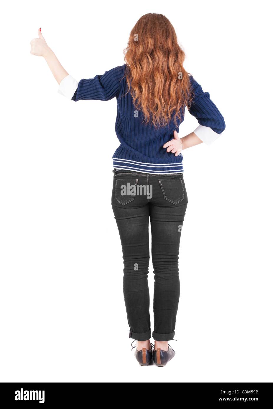 Back view of woman thumbs up. Rear view people collection. backside ...