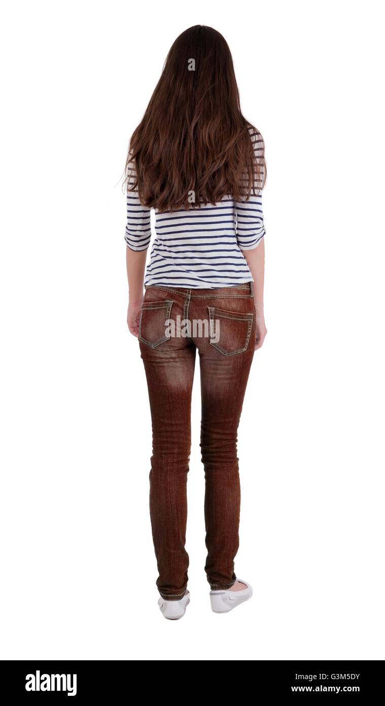 back view of standing young beautiful brunette woman. girl watching ...