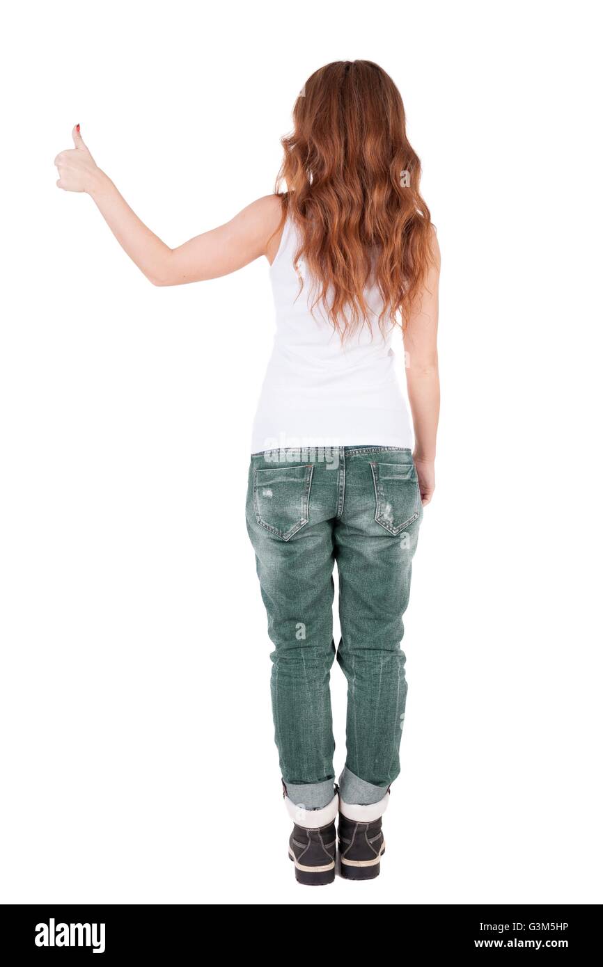 Back view of woman thumbs up. Rear view people collection. backside ...