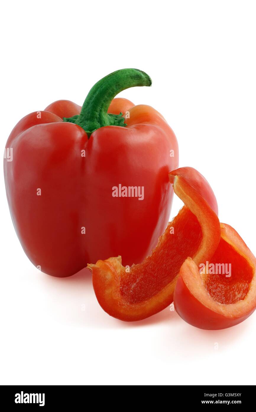 Red bell pepper and Pepper slices isolated on white background (with ...