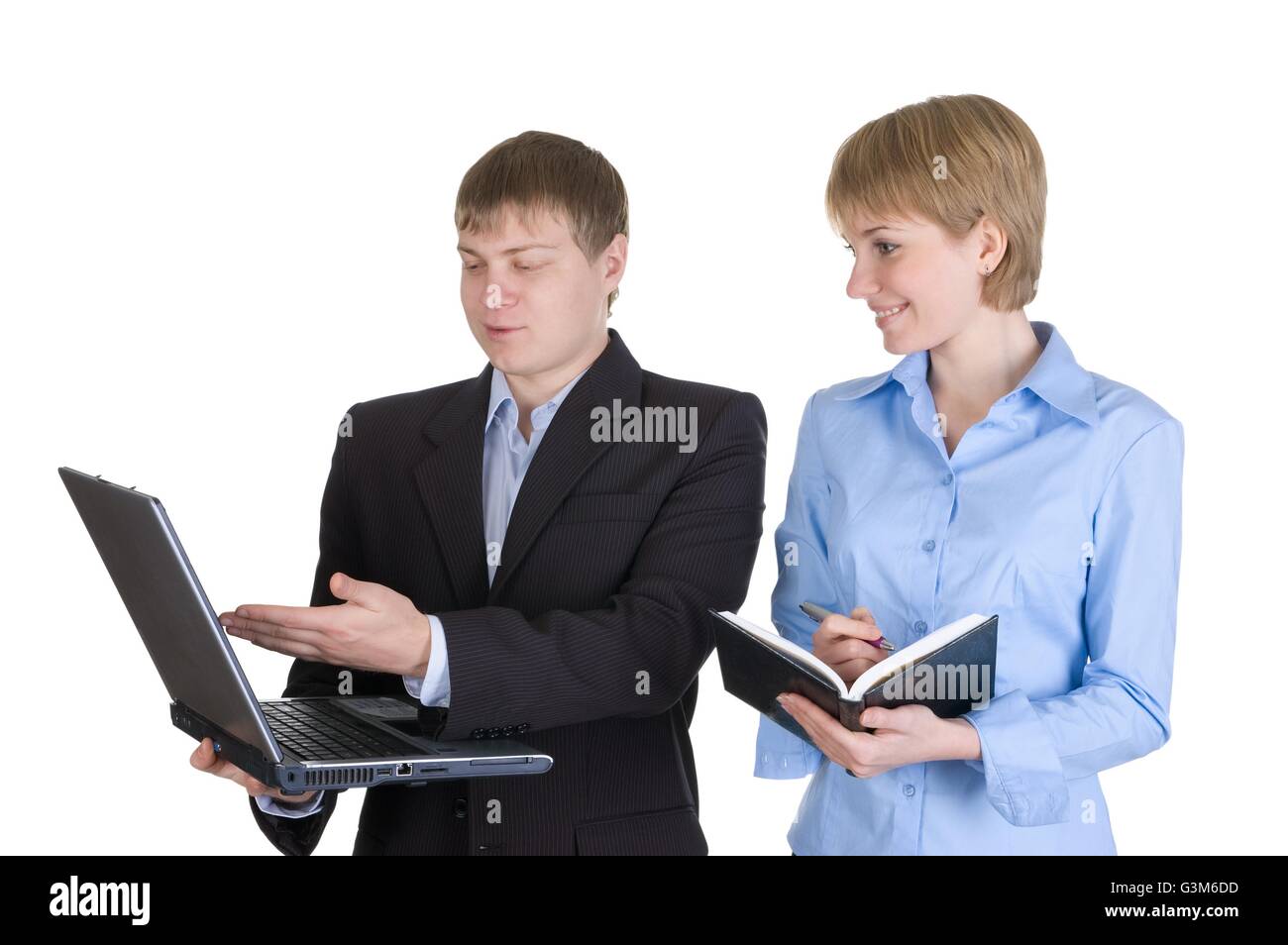 Portrait of two business people working together. Isolated over white ...