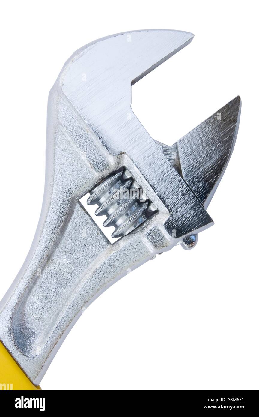 Macro view of adjustable spanner wrench isolated over white background ...