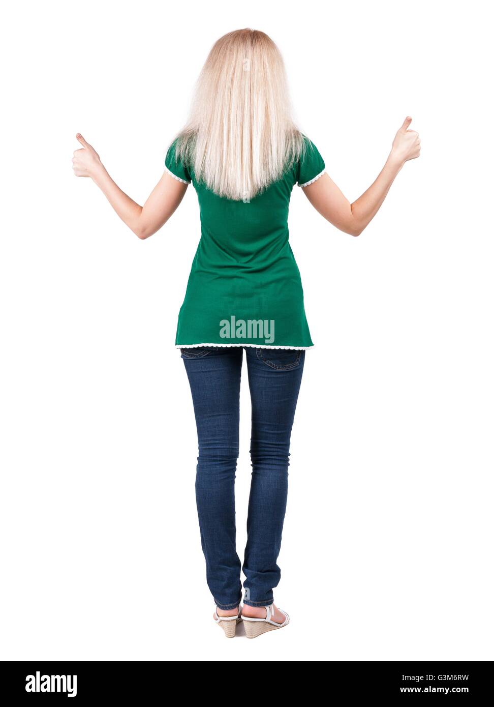 Back view of woman thumbs up. Rear view people collection. backside ...