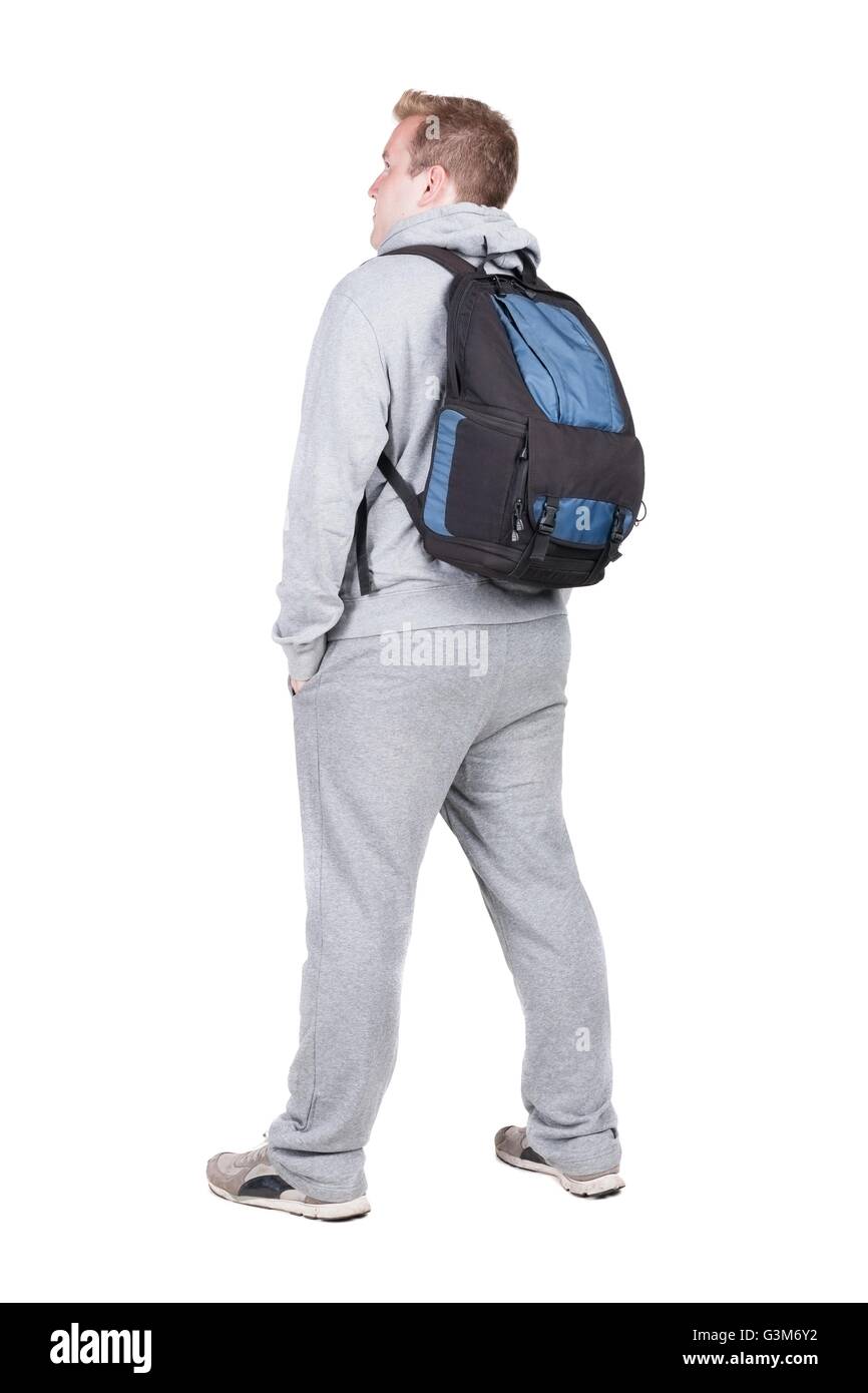 Back view of man with backpack looking up. Rear view people collection ...