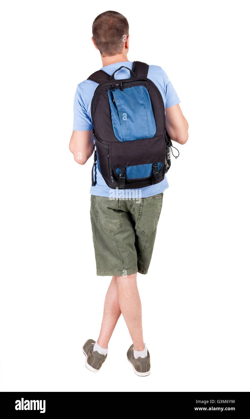 Back view of man with backpack looking up. Rear view people collection ...