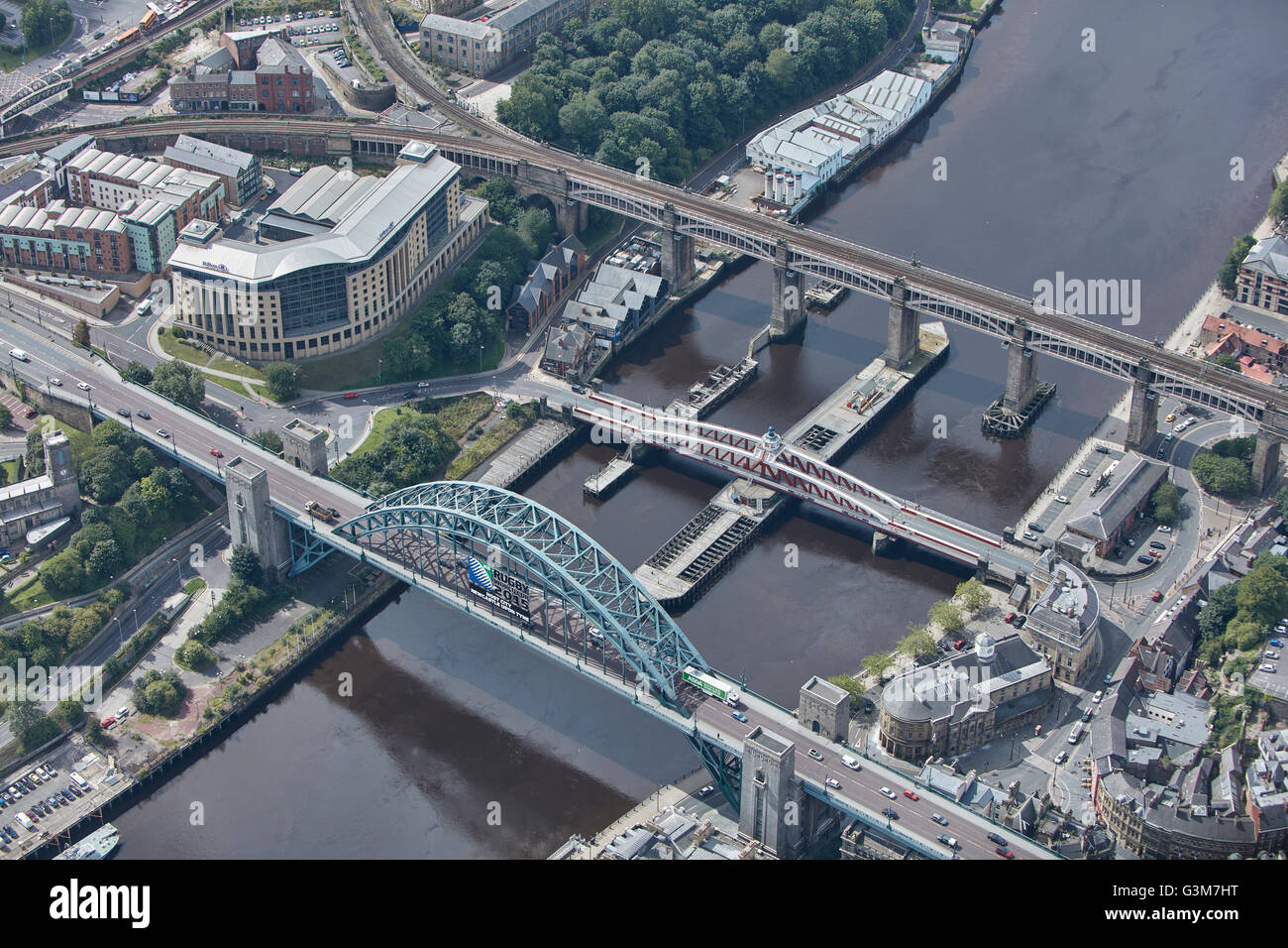 An aerial view of bridges across the River Tyne, Newcastle upon Tyne ...