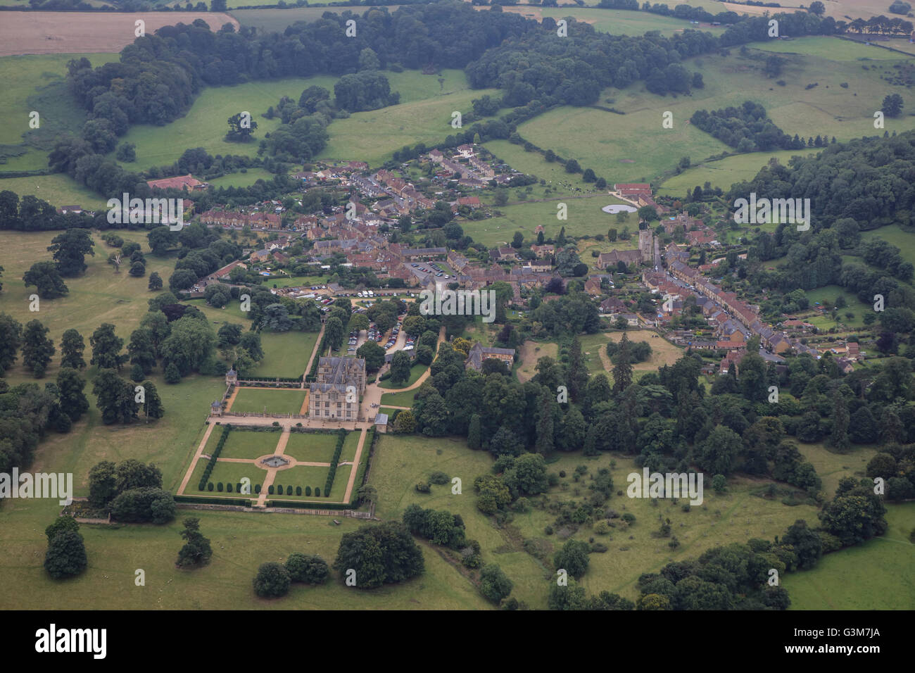 An aerial view of the village of Montacute and surrounding Somerset ...