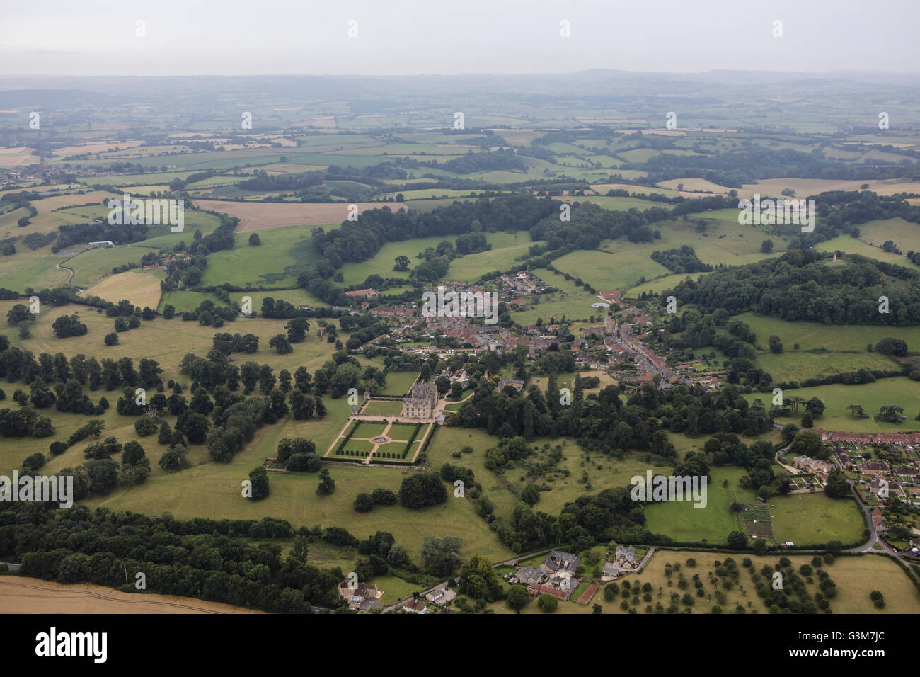 An aerial view of the village of Montacute and surrounding Somerset ...