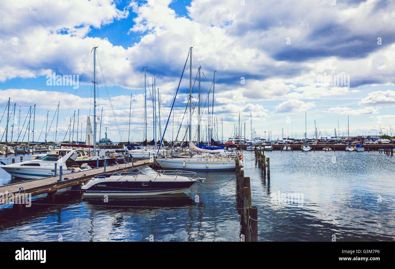 Sailboat harbor with sail yachts in sea port Stock Photo - Alamy