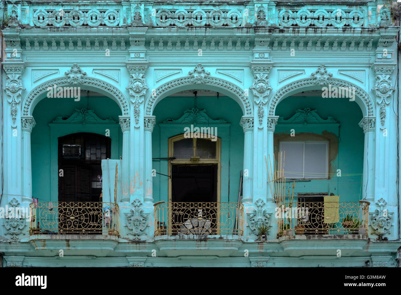 Traditional colonial architecture on a building facade in Havana, Cuba ...