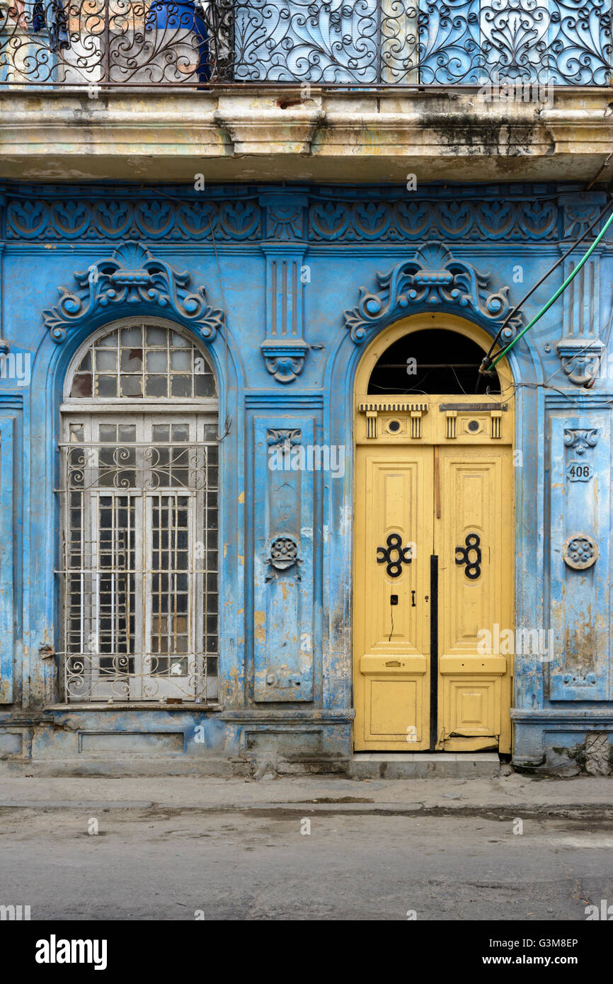 Traditional colonial architecture on a building facade in Havana, Cuba ...